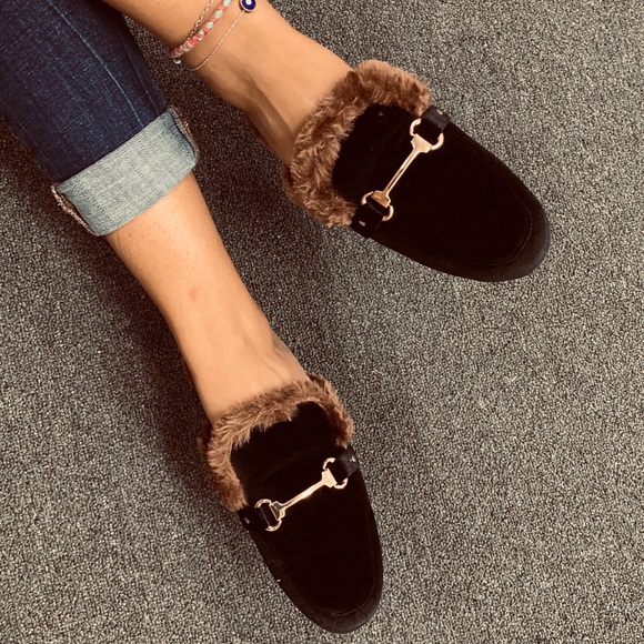 ShopFor_Fun Boutique | Shoes | New Ladies Black Velvet Fur Details Flat ...